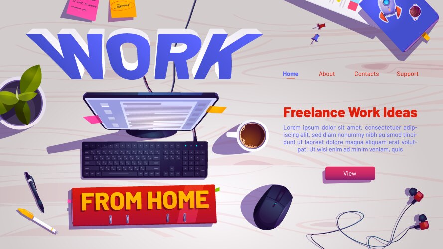 Man work from home desk top view poster design Vector Image