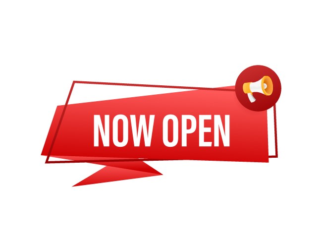 Hand holding megaphone with now open Royalty Free Vector