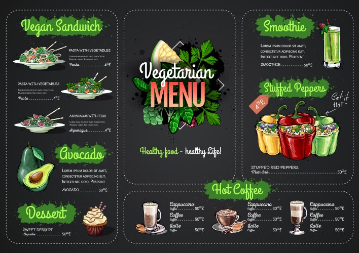 Vegetarian menu design with vegan meals Royalty Free Vector