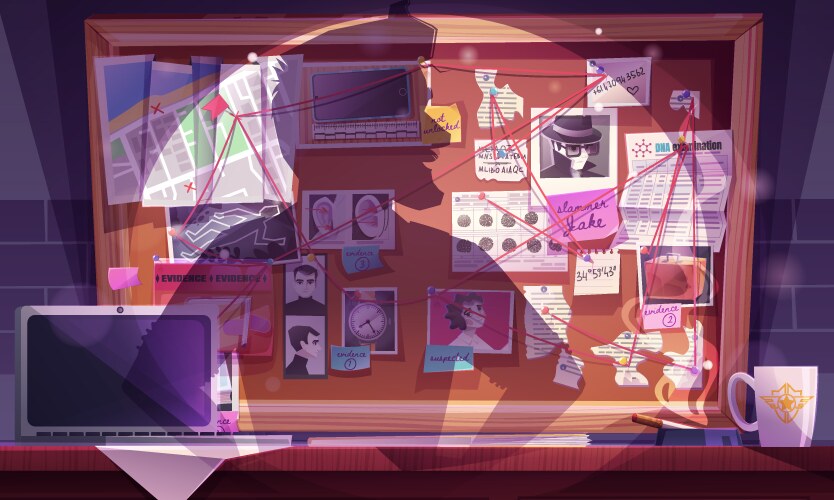 Cartoon detective board police cork pinboard Vector Image