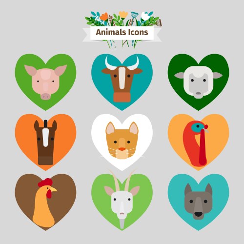 Flat childish rectangular cattle farm animals set Vector Image