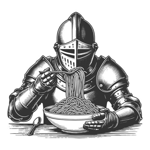 Medieval knight eating burger engraving Royalty Free Vector