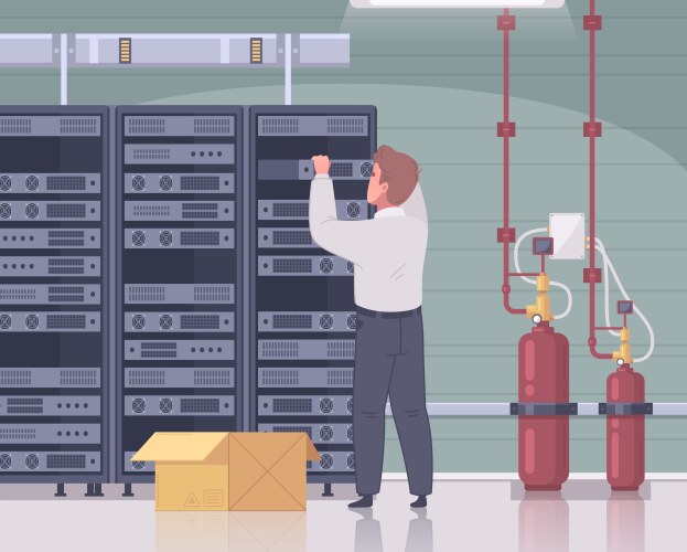 Cartoon data center composition Royalty Free Vector Image