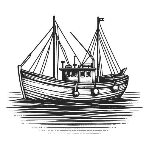 Fishing boat ocean waves engraving sketch Vector Image