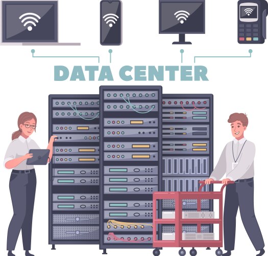 Cartoon data center composition Royalty Free Vector Image