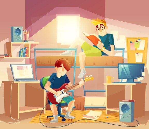 Student small room cartoon bedroom Royalty Free Vector Image