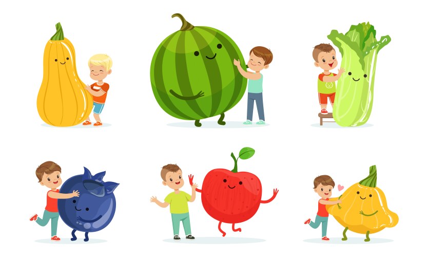 Little kids playing with big fruits and vegetables