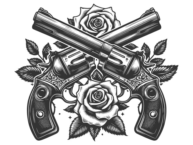 Crossed revolvers with roses engraving Royalty Free Vector