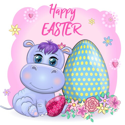 Cute cartoon hippo with easter egg card Royalty Free Vector