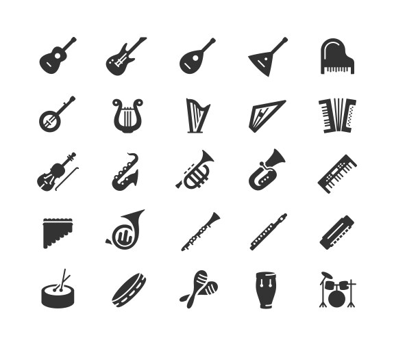 Assorted black musical instruments icons Vector Image