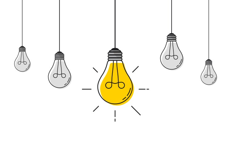 Hanging light bulbs with glowing one Royalty Free Vector