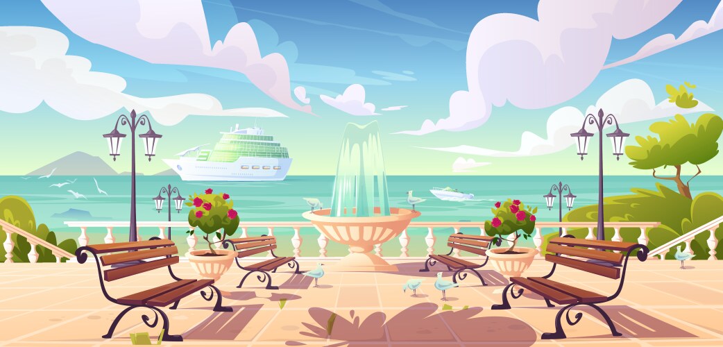 Cartoon with cruise ship deck and sea Royalty Free Vector