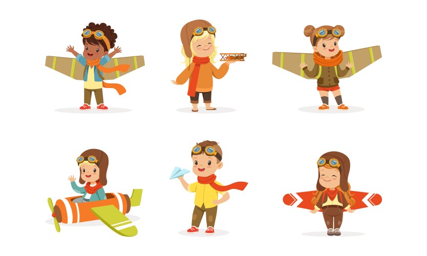 Kids in pilot costumes and toy plane playing Vector Image