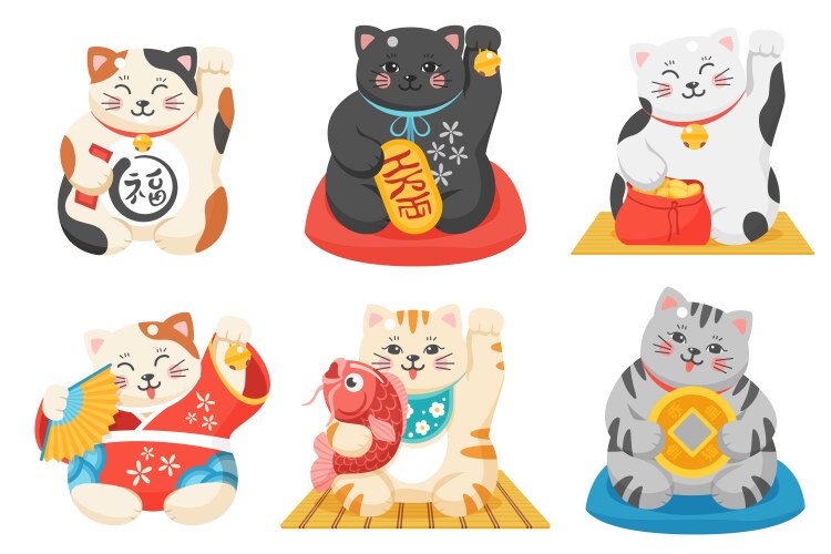 Maneki neko japanese lucky talisman cats set Vector Image