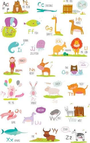Cute zoo alphabet with cartoon animals isolated Vector Image