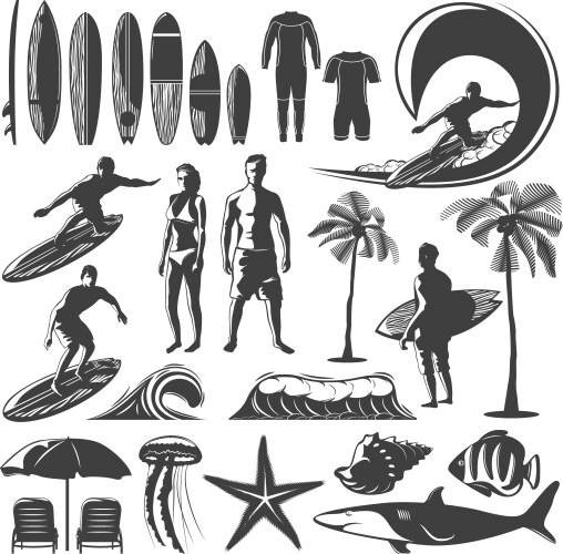 Vintage monochrome surfing graphics set Royalty Free Vector