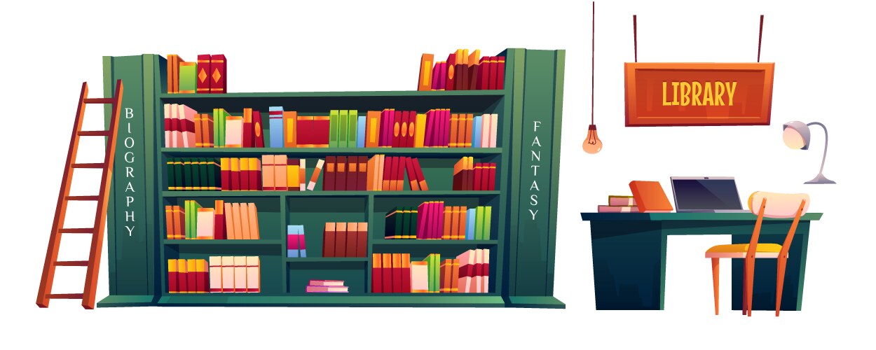 Library book shelf bookcase with different books Vector Image