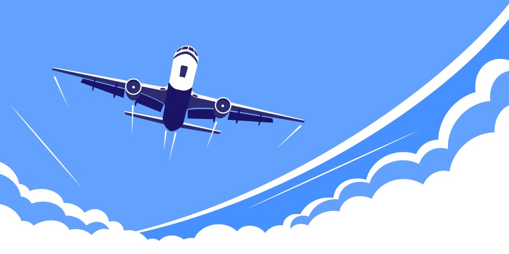 Airplane flying over clouds flat design Royalty Free Vector