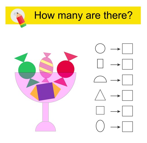 Math activity for kids how many geometric shapes Vector Image