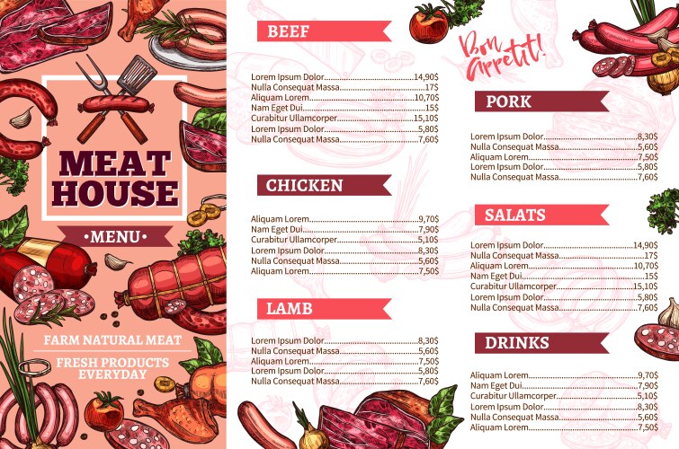 Butcher shop meat menu cover template Royalty Free Vector
