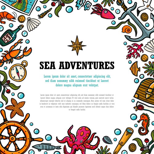 Sea adventures card marine hand drawn Royalty Free Vector