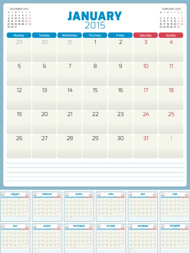 Calendar planner 2015 template week starts sunday Vector Image