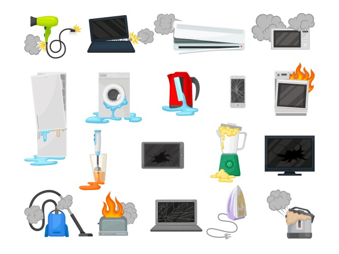 Broken home appliances set damaged electrical Vector Image