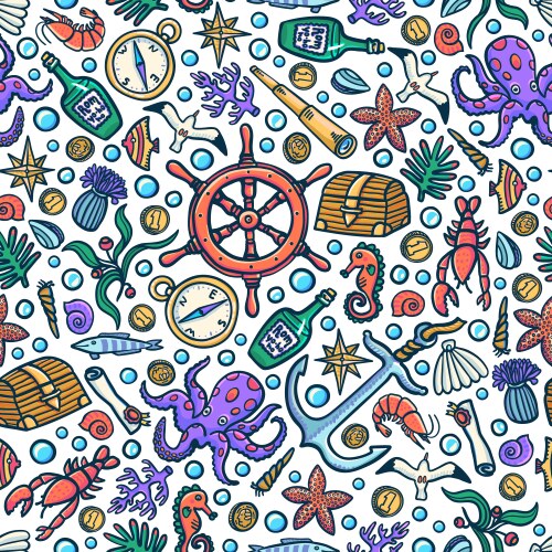 Sea adventures card marine hand drawn Royalty Free Vector