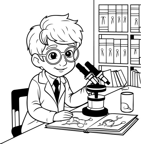Scientist boy working with microscope in cartoon Vector Image