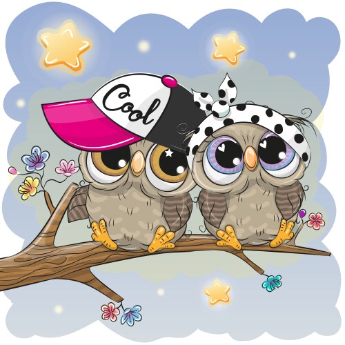 Two cartoon owls on a cloud Royalty Free Vector Image