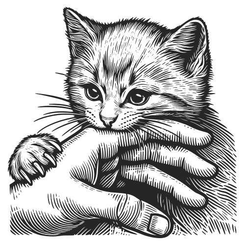 Kitten bites hand engraving sketch Royalty Free Vector Image
