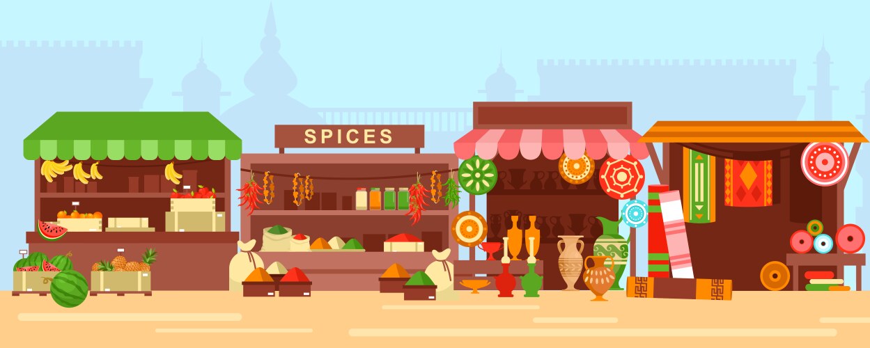 Asian market flat cartoon concept Royalty Free Vector Image