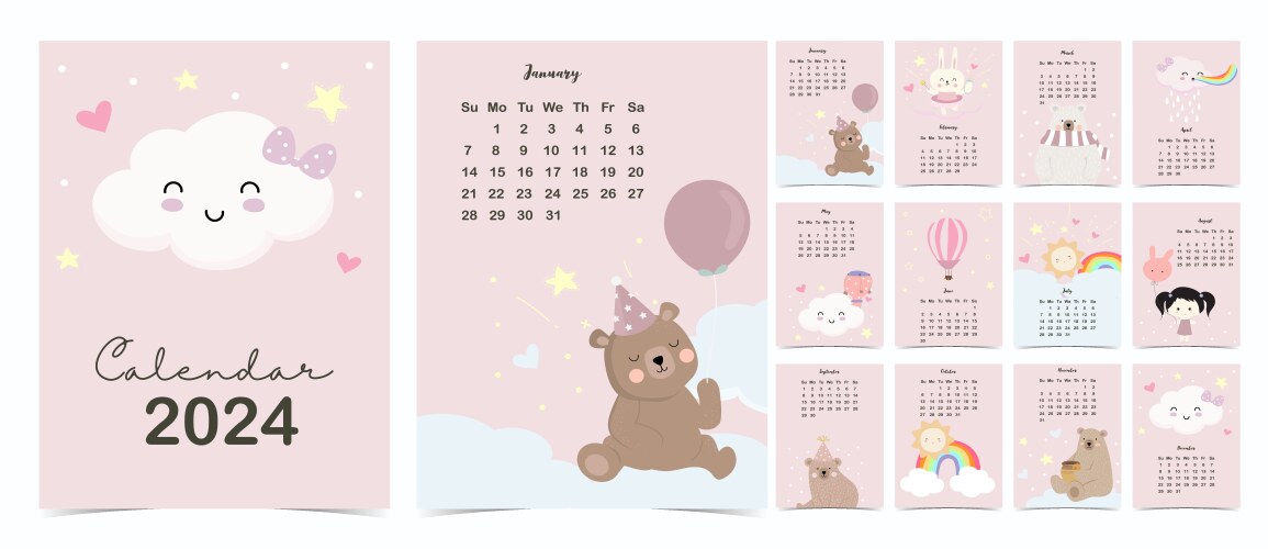 2024 table calendar week start on sunday with Vector Image