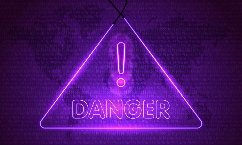 Neon word danger symbol on map dark red Royalty Free Vector