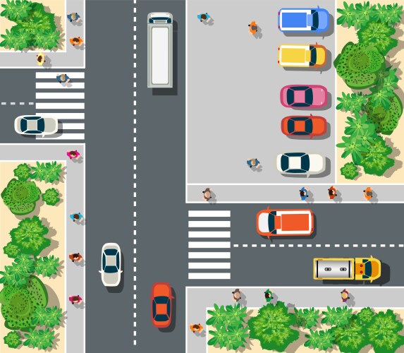 City buildings roads and cars top view Royalty Free Vector