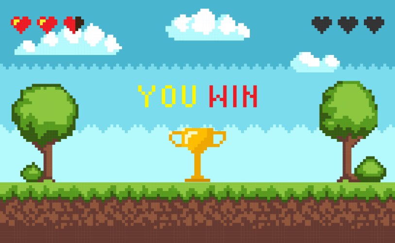 Pixel game win screen Royalty Free Vector Image