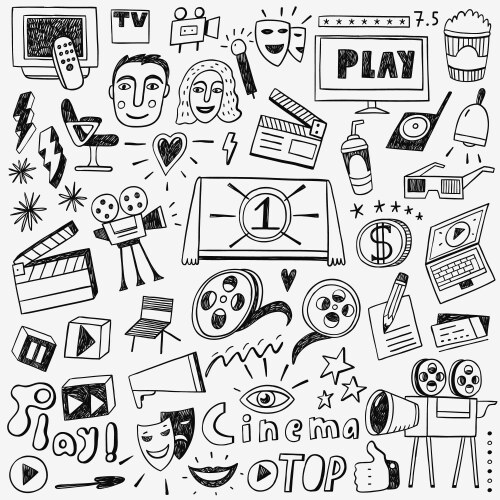 Hand drawn doodle movie cinema set Royalty Free Vector Image