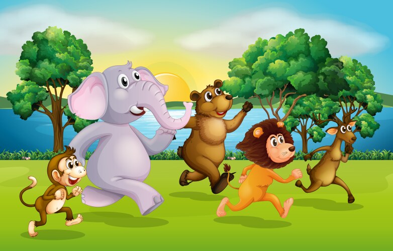 Happy animals cartoon on the nature scene Vector Image