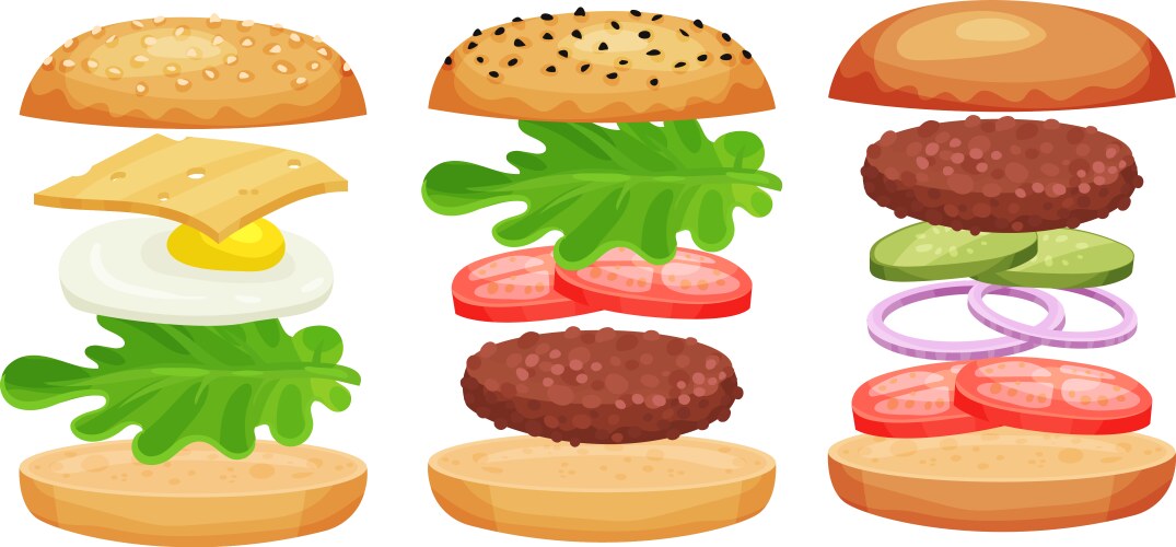 Cartoon burger ingredients hamburger chop bun Vector Image