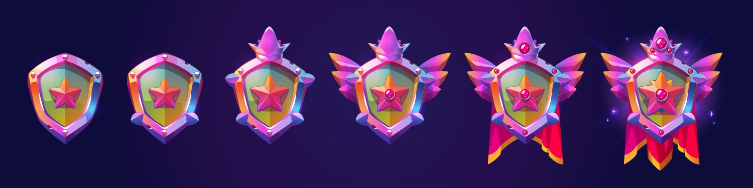 Game ranking badges with shields and swords Vector Image