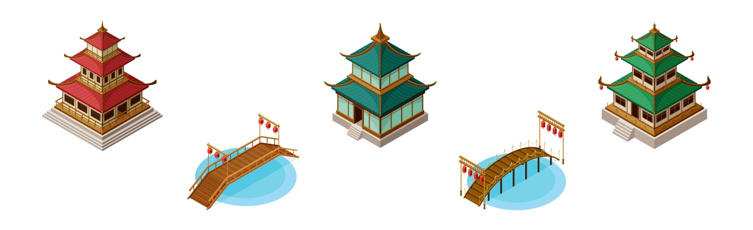 Asian architecture with pagoda gazebo and torii Vector Image
