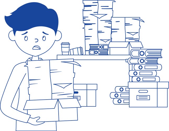 Stress at work worried employee with pile Vector Image