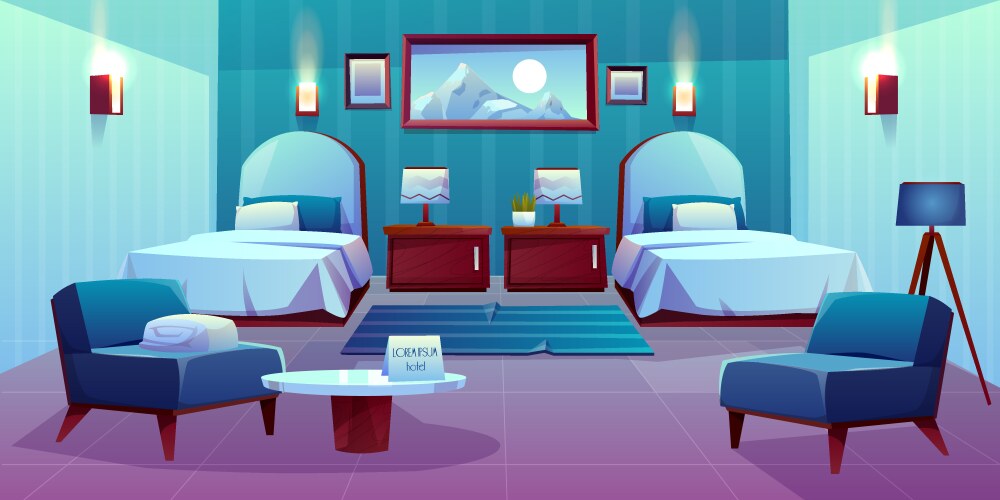 Night hotel bedroom cartoon interior Royalty Free Vector