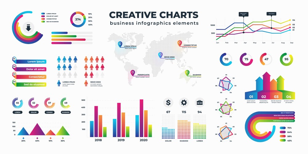 Infographics chart set charts result graphs icons Vector Image