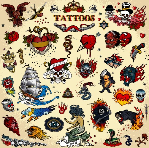 Colorful tattoos in vintage style set Royalty Free Vector