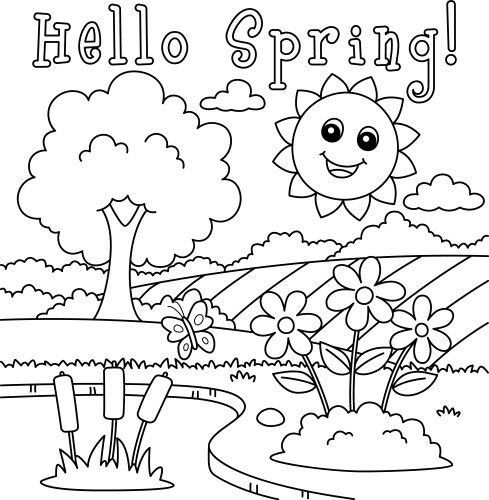 Hello spring coloring page for kids Royalty Free Vector