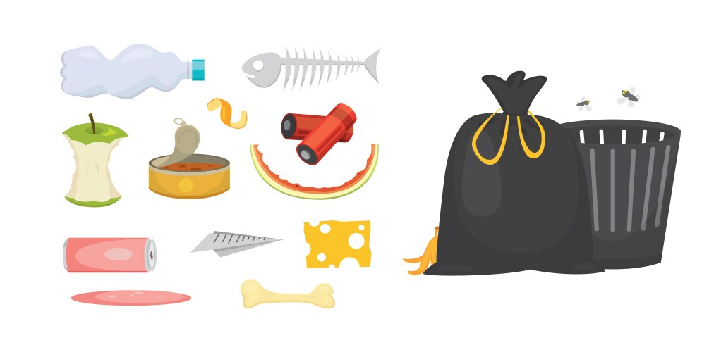 Trash and garbage set in cartoon Royalty Free Vector Image