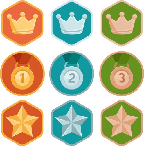 Game level icons medals stars ui badges trophy Vector Image
