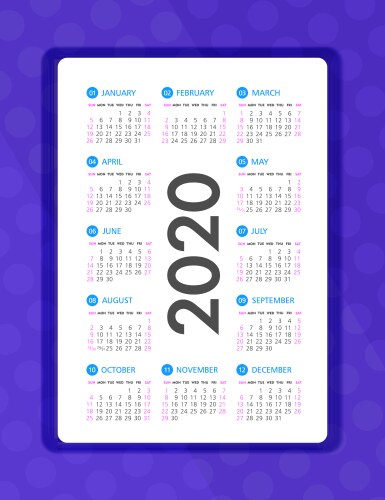 Calendar 2020 year week starts from sunday Vector Image