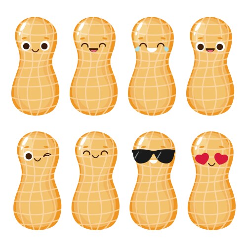 Cute happy cartoon peanut character set Royalty Free Vector